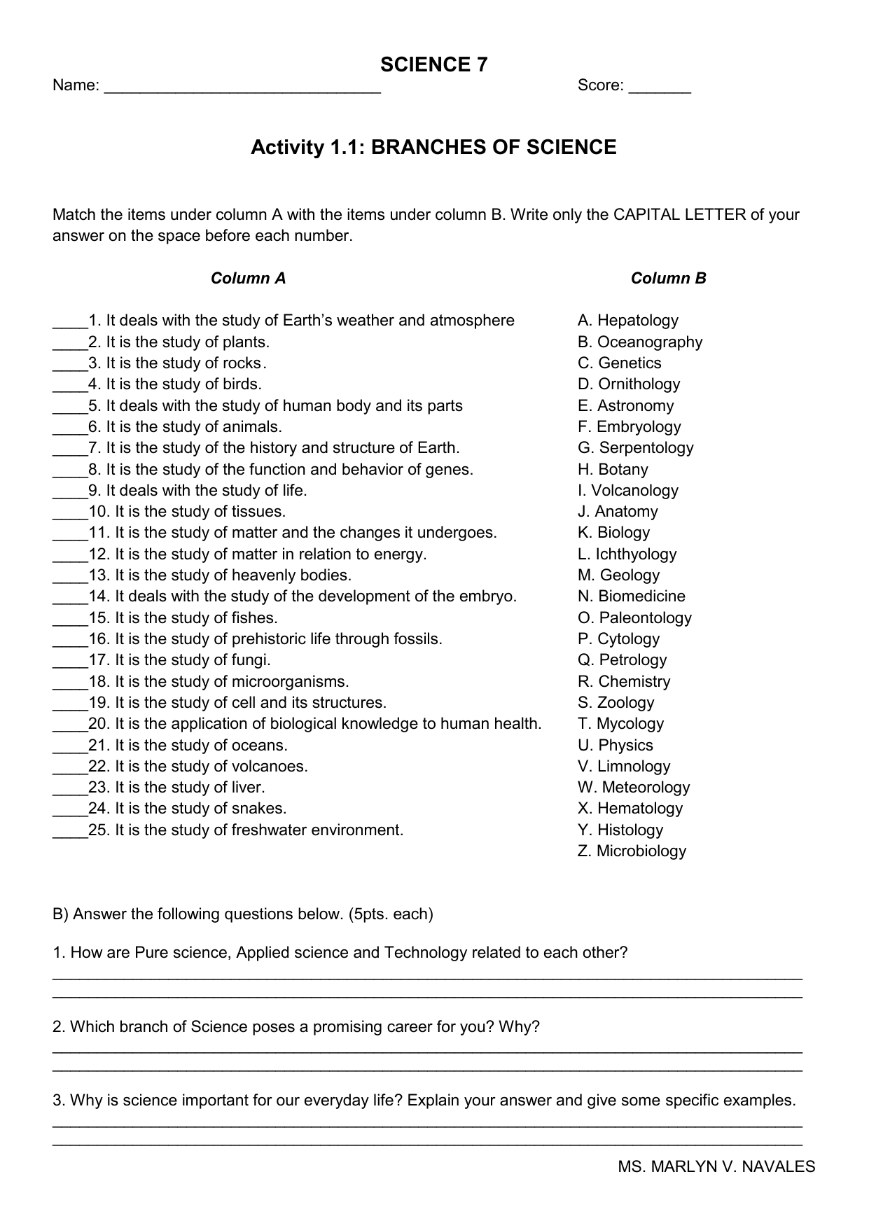 Branches Of Science Worksheet Branches Of Science Matching Worksheet 
