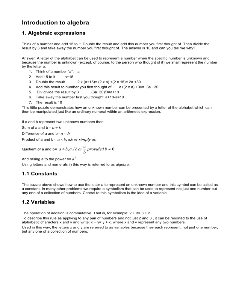 Introduction To Algebra