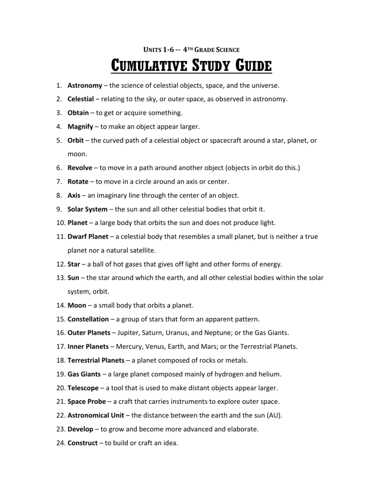4th Grade Science Cumulative Unit Vocabulary 4th Grade Science Cumulative Unit Vocabulary