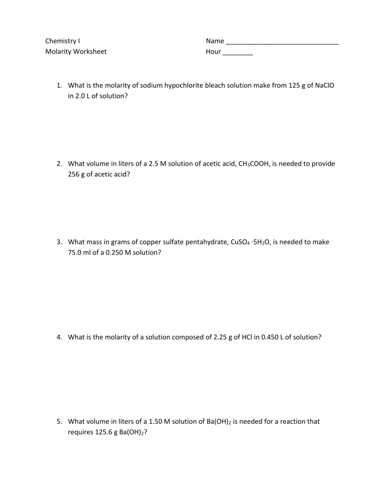 Molarity Worksheet HW