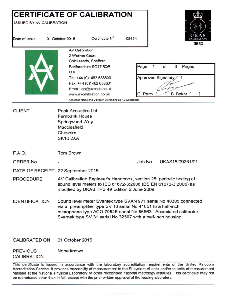 Sound Level Meter Calibration Certificate - Svantek SVAN 971
