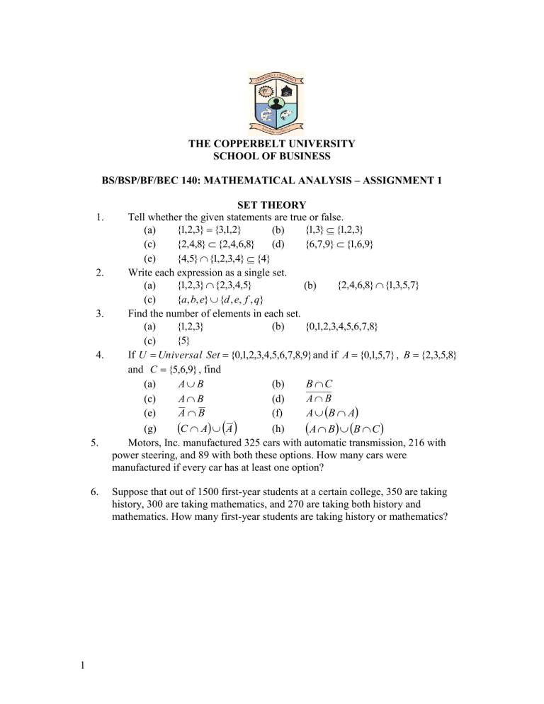 Mathematical Analysis Assignment: Set Theory, Equations, Functions