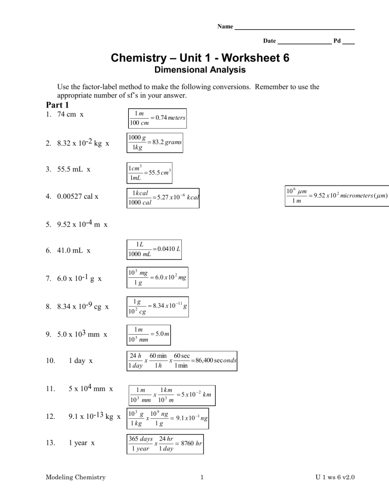 Chemistry Dimensional Analysis Worksheet