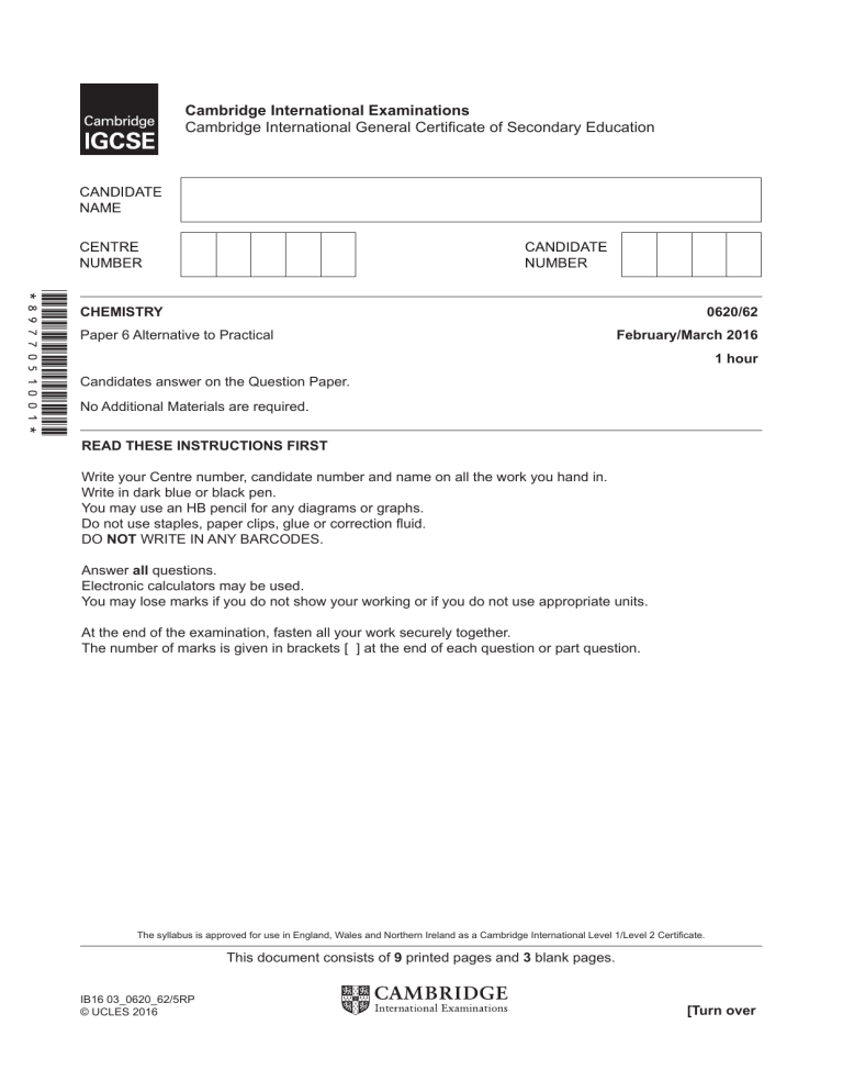 Cambridge IGCSE Chemistry Paper 6 Exam