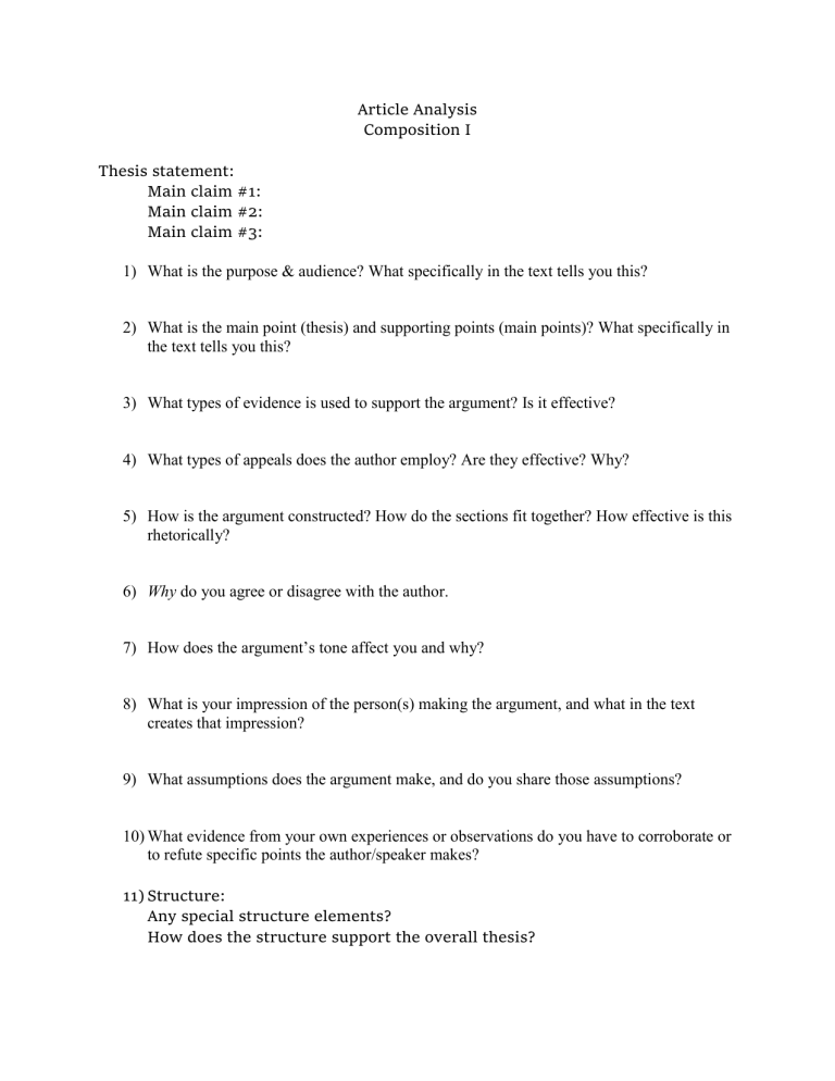 Article Analysis Worksheet Article Analysis Worksheet
