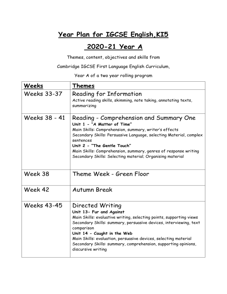 IGCSE English Year Plan A