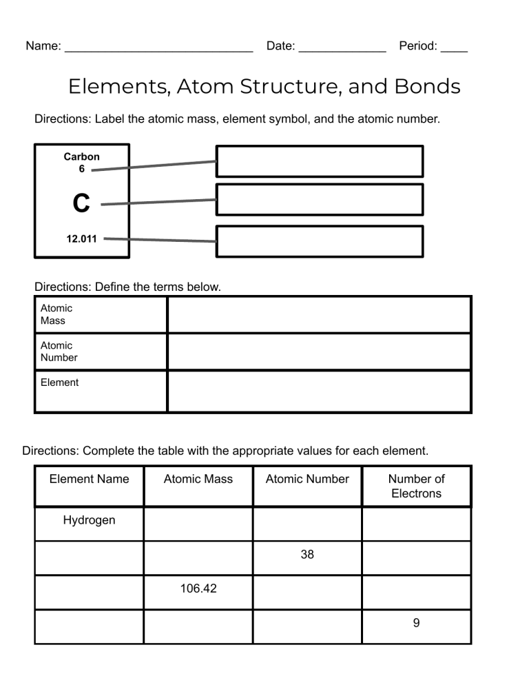 Elements Atom Structure And Bonds Worksheet Elements Atom Structure And Bonds Worksheet