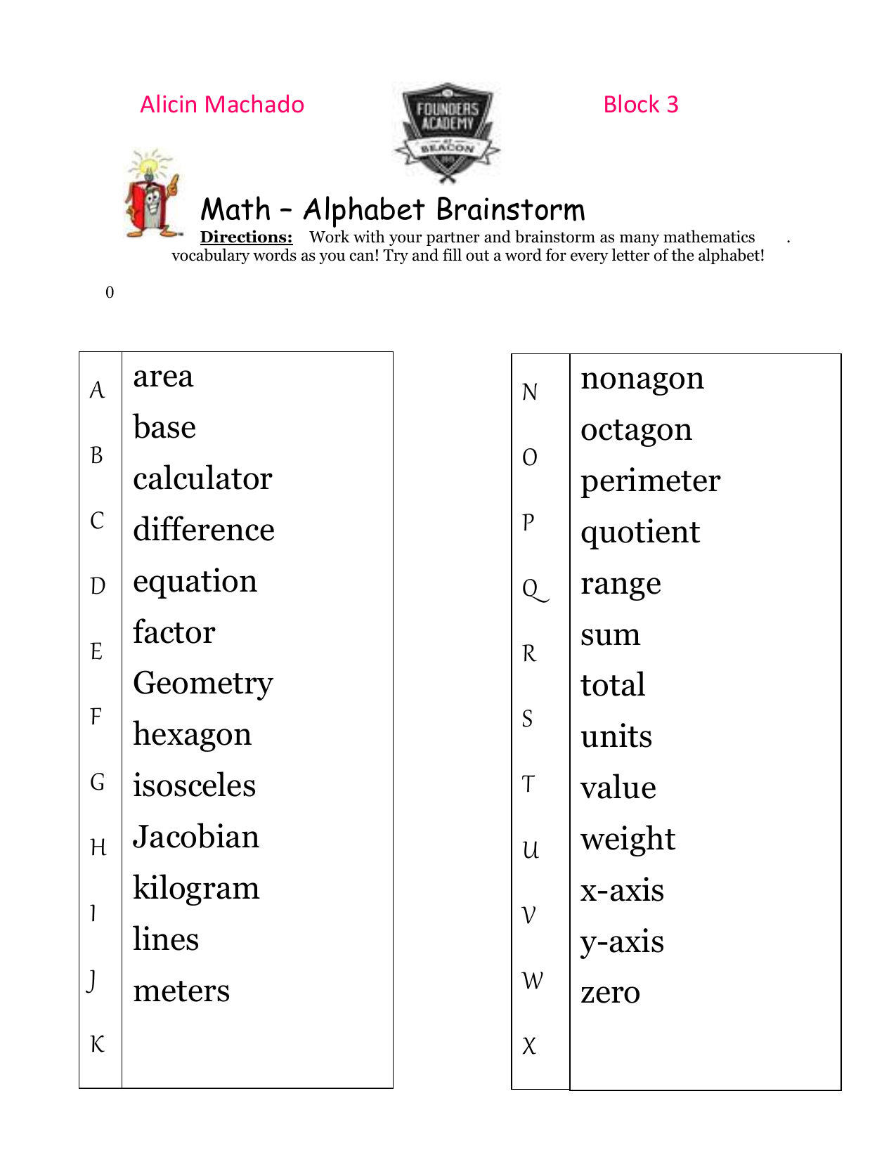 Math Alphabet Brainstorm 9 18 2020 Math Alphabet Brainstorm 9 18 2020