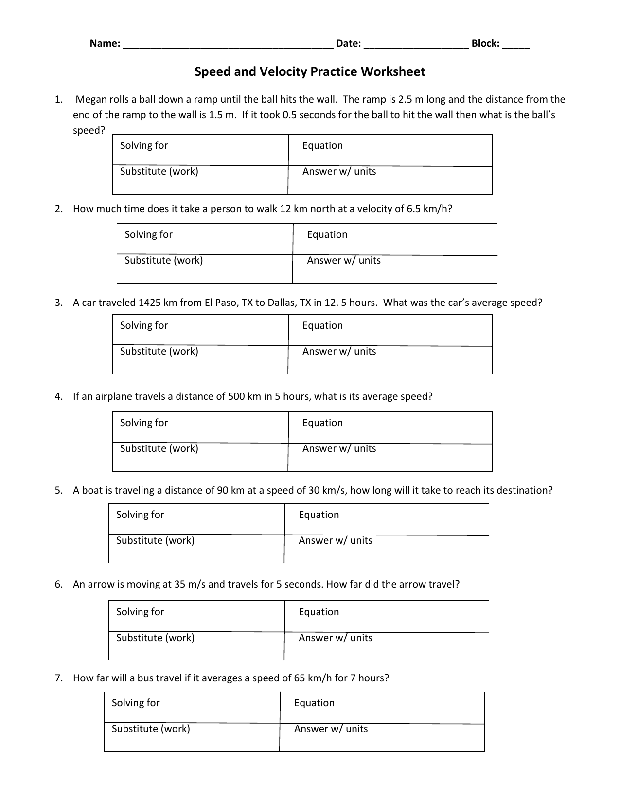 Practice Speed And Velocity Worksheet Practice Speed And Velocity Worksheet