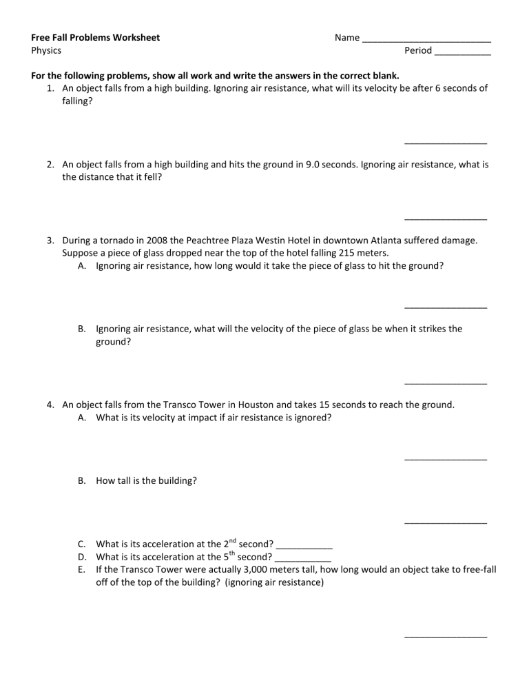 Free fall practice problems 1 Copy