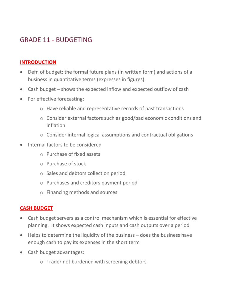Budgeting Notes