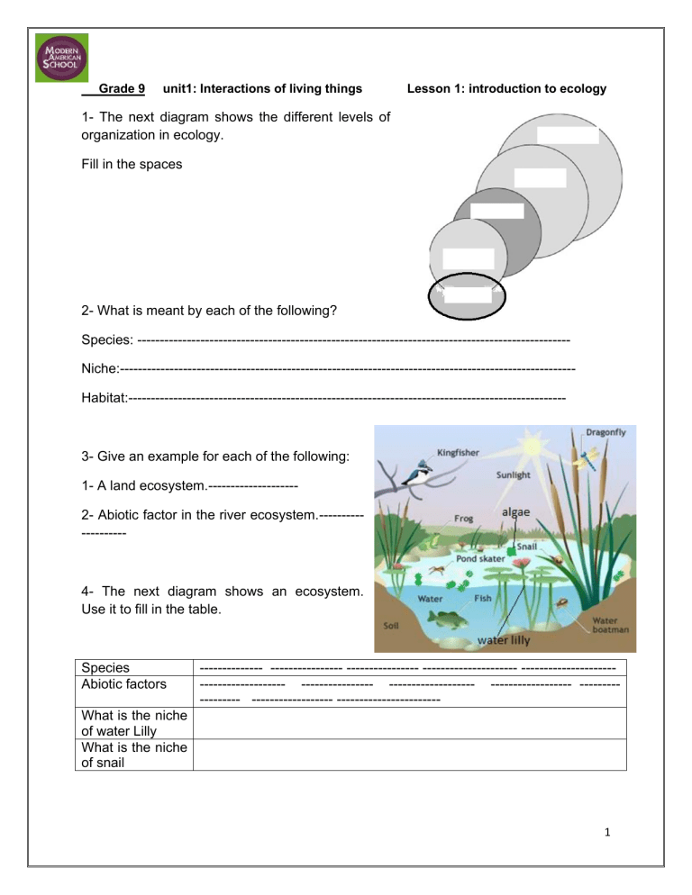 Grade 9 Unit 1 Introduction To Ecology Worksheet Grade 9 Unit 1 Introduction To Ecology Worksheet