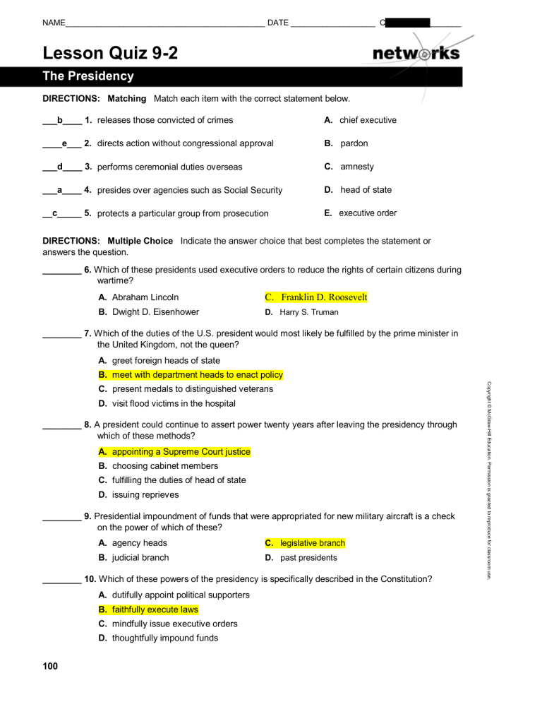 Lesson Quiz 9 2 Presidency