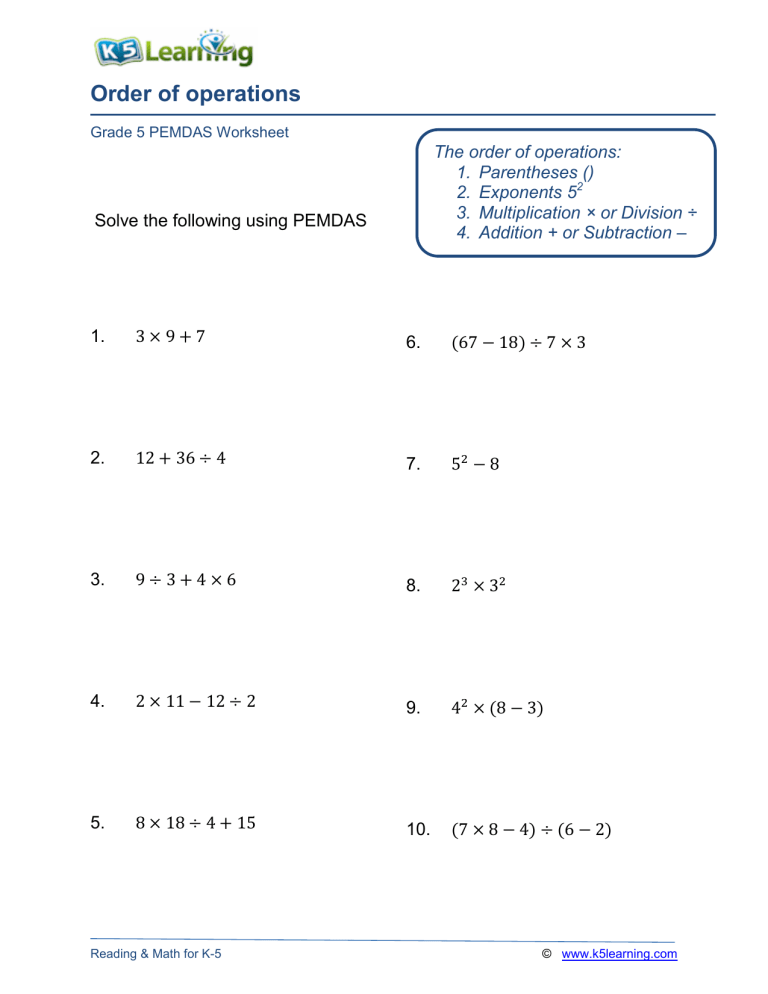 Grade 5 order operations Worksheet