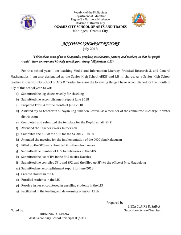 Narrative Accomplishment Report Sample Narrative Accomplishment Report Sample
