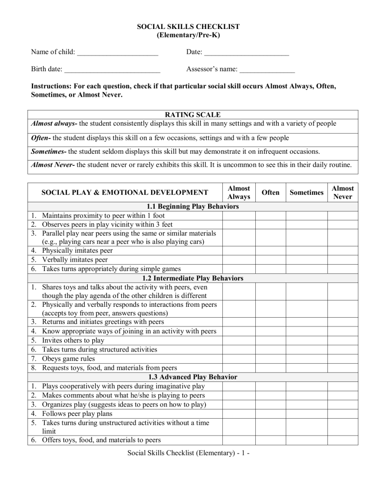 SOCIAL SKILLS CHECKLIST ELEMENTARY SOCIAL SKILLS CHECKLIST ELEMENTARY