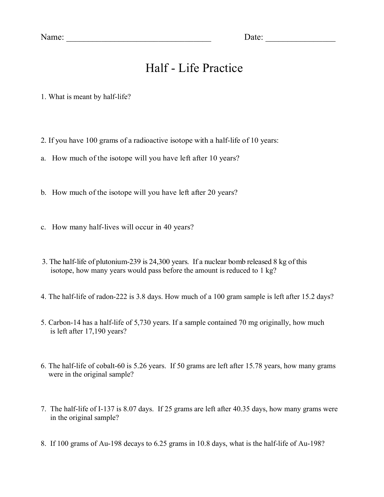 Half Life Worksheet Problems And Graphing Half Life Worksheet Problems And Graphing