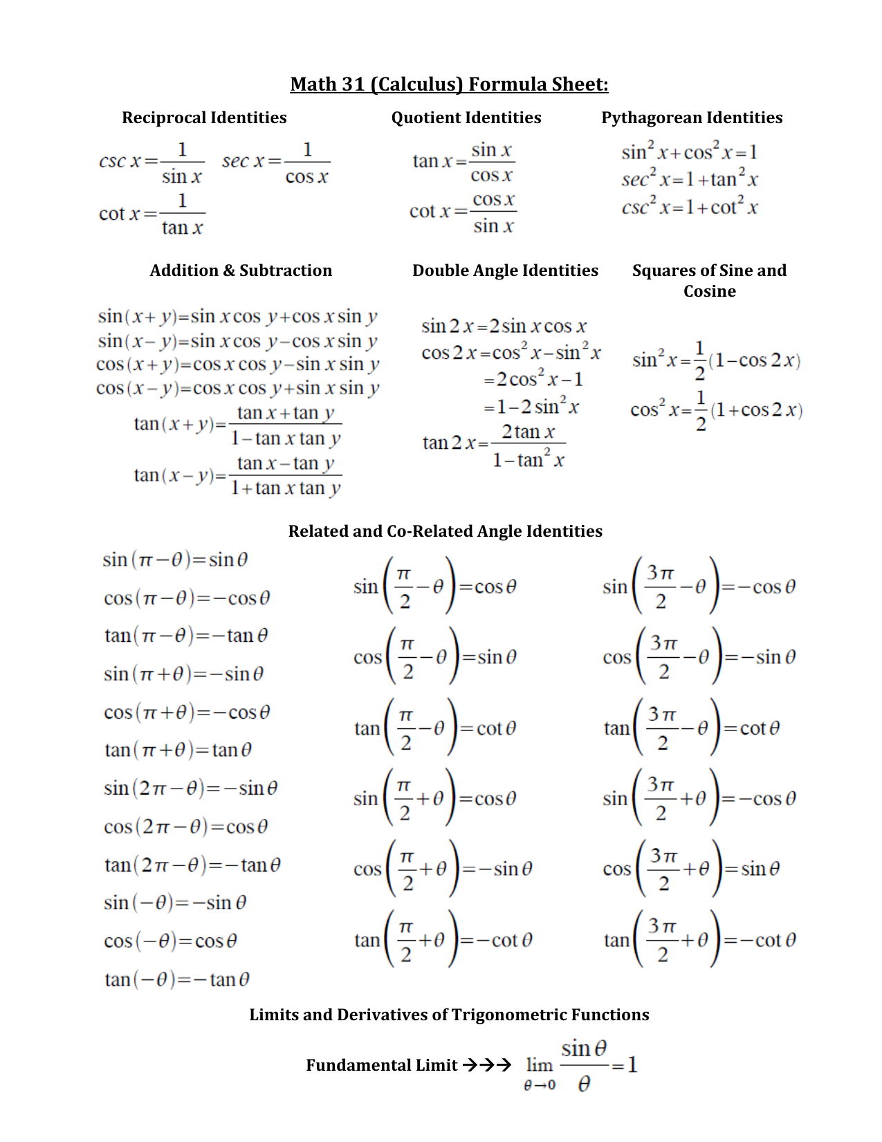 Math 31 Formula Sheet 2