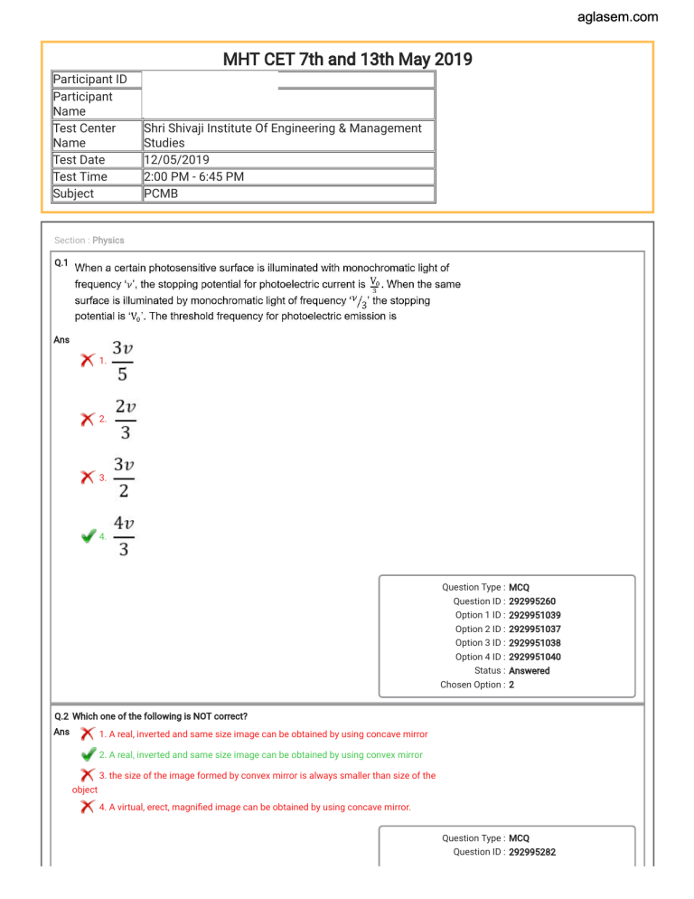 MHT CET 2019 Question Paper With Answers MHT CET 2019 Question Paper With Answers