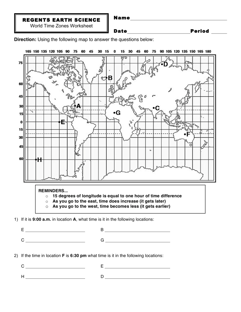 Earth Science World Time Zones Worksheet