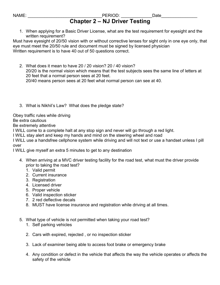 Driver Ed Chapter 2 Worksheet Driver Ed Chapter 2 Worksheet