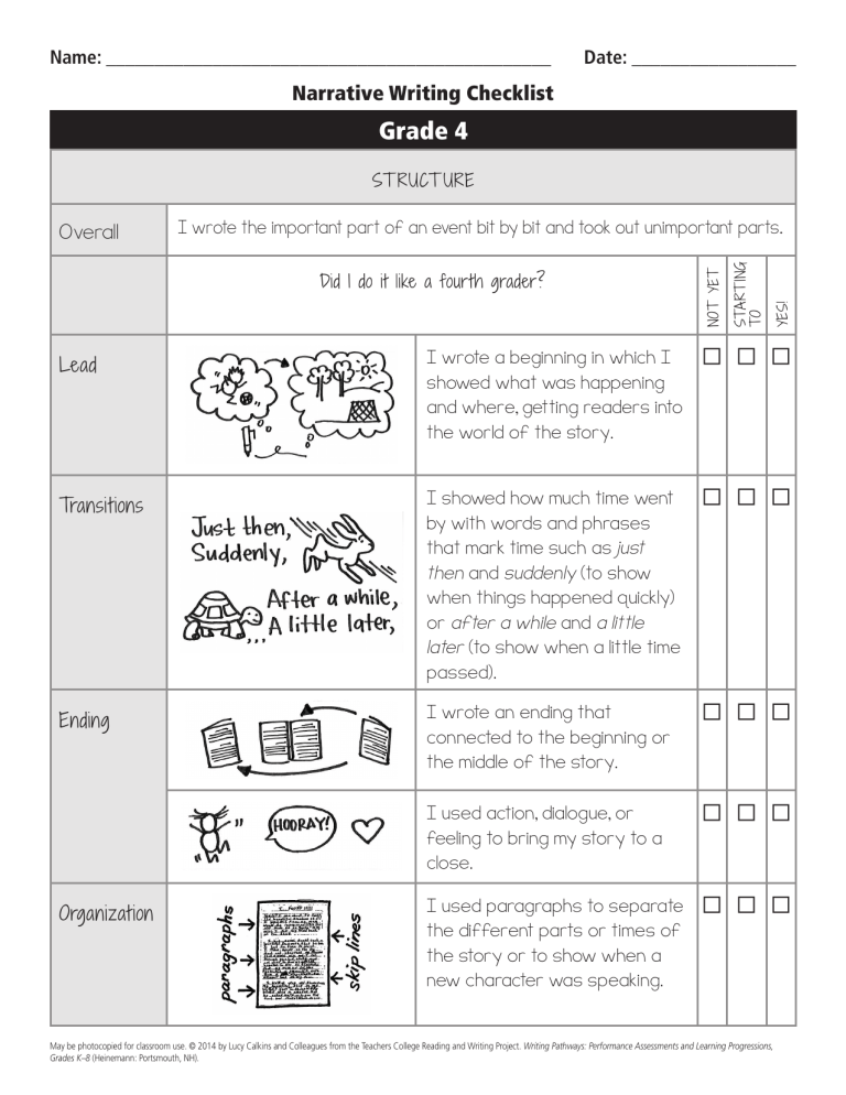 Grade 4 Narrative Writing Checklist Grade 4 Narrative Writing Checklist