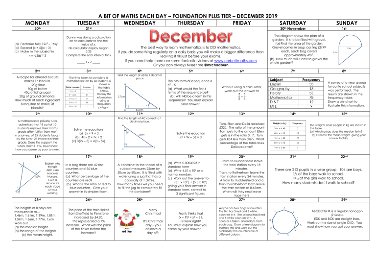 A bit of maths each day december 2019 foundation plus tier