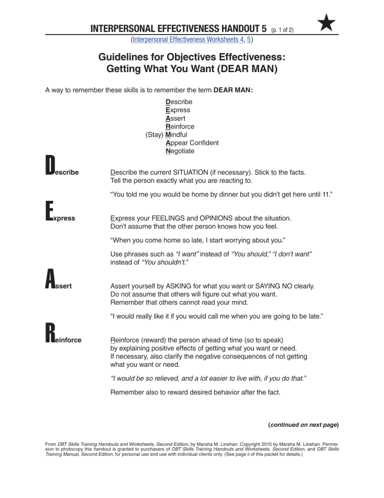 DEAR MAN Interpersonal Effectiveness Skill Handout DEAR MAN Interpersonal Effectiveness Skill Handout