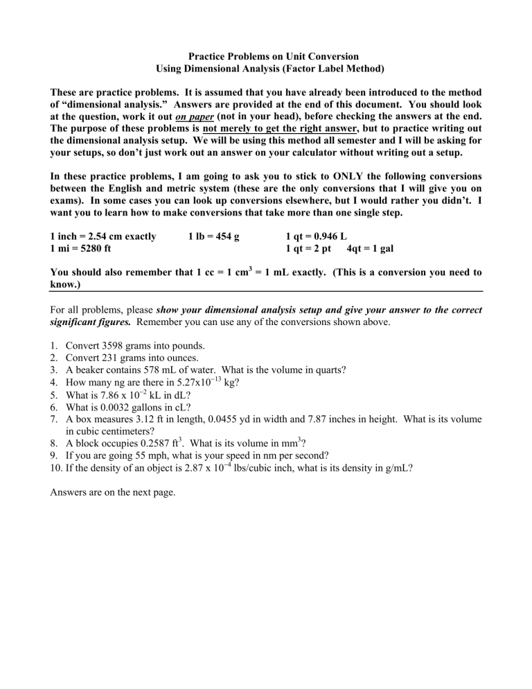 Unit Conversion Practice Problems Unit Conversion Practice Problems