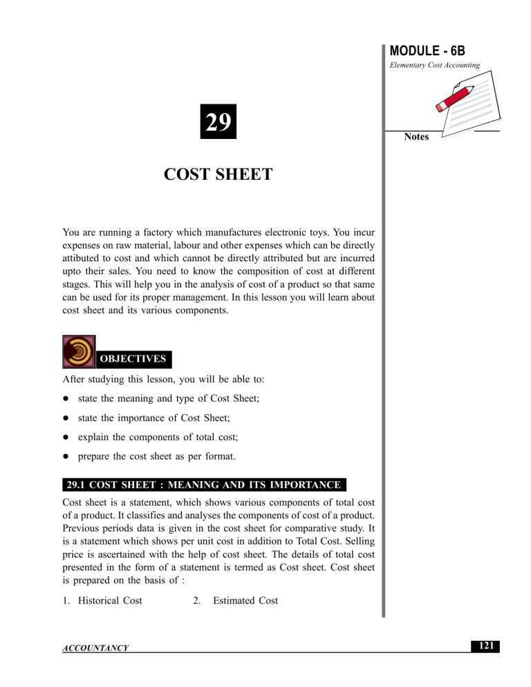 Cost Sheet Details Cost Sheet Details