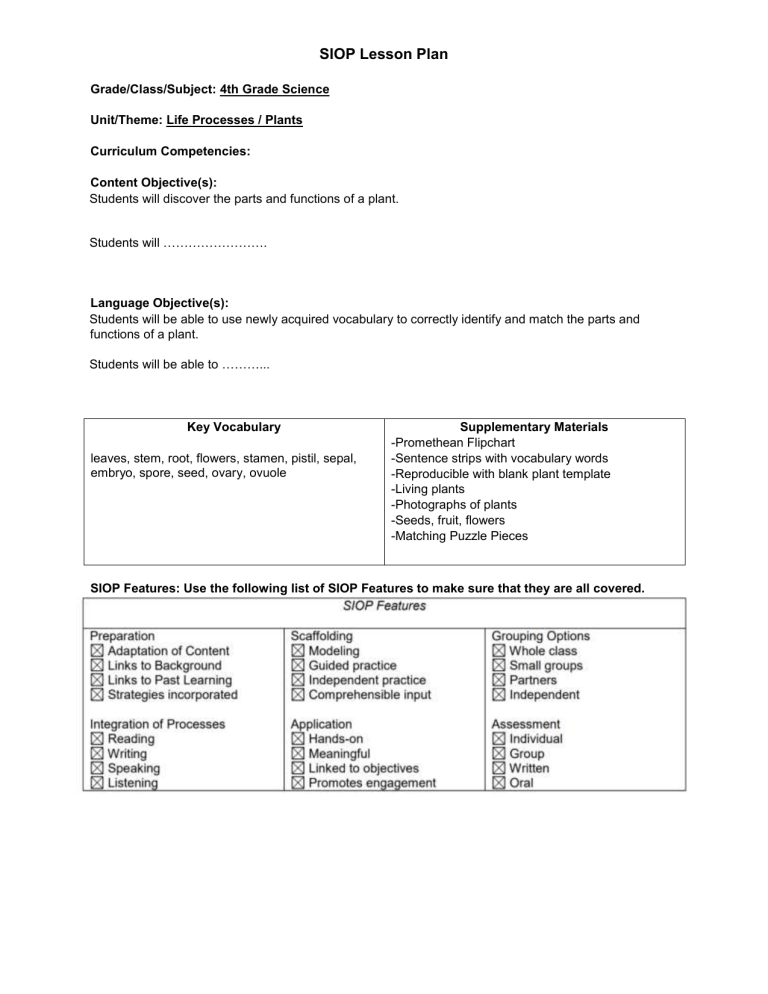 SIOP Sample Lesson SIOP Sample Lesson