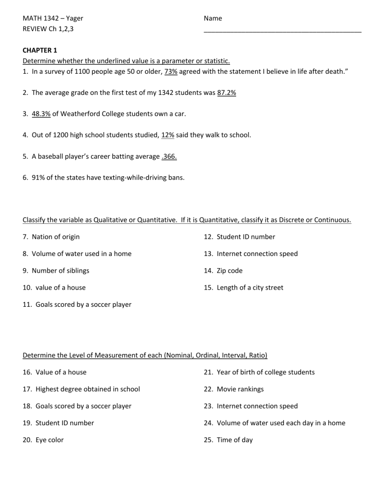 Intro To Statistics Review Ch 1 2 3