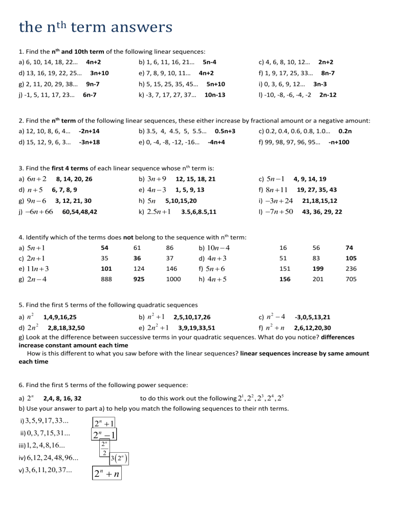The Nth Term Answers