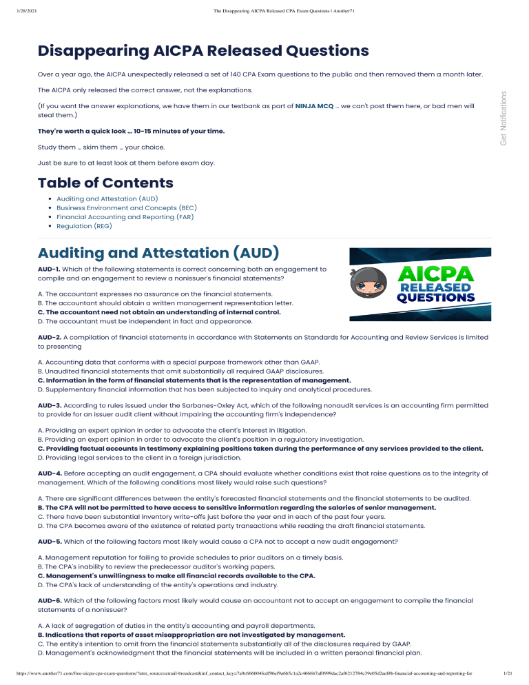 The Disappearing AICPA Released CPA Exam Questions Another71