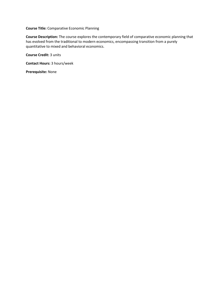 Comparative Economic Planning Course Syllabus Comparative Economic Planning Course Syllabus