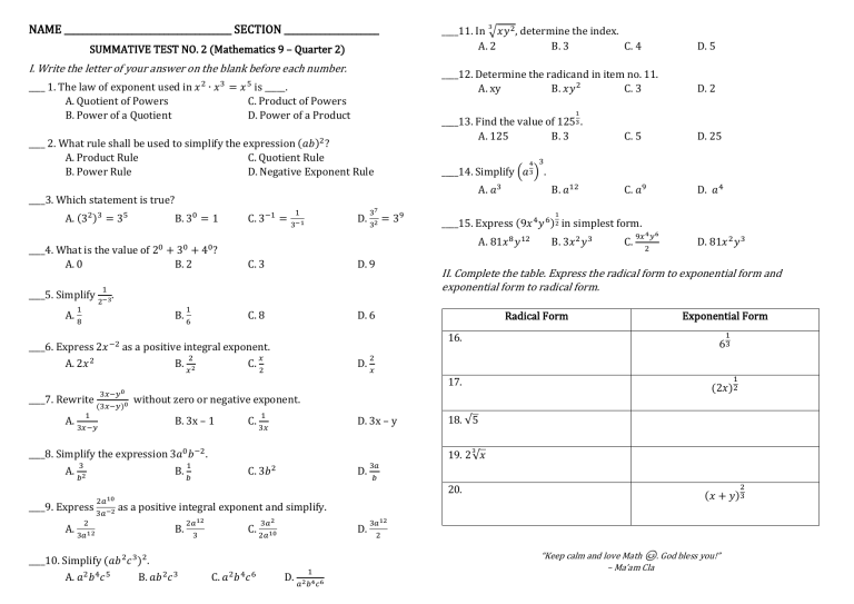 SUMMATIVE TEST IN MATH 9 QUARTER 2 WEEK 3 AND 4 