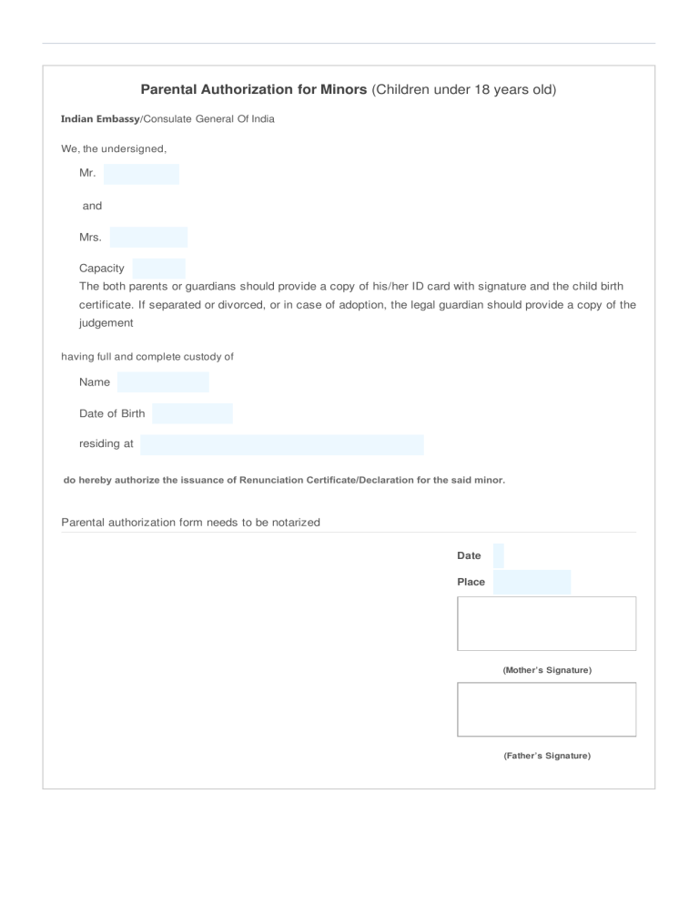 Parental authorization form minors
