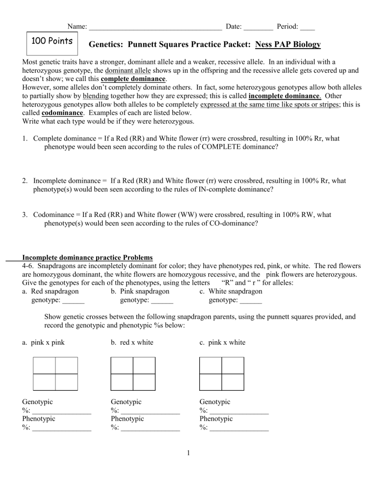 Genetics Punnett Squares Practice Worksheet Genetics Punnett Squares Practice Worksheet