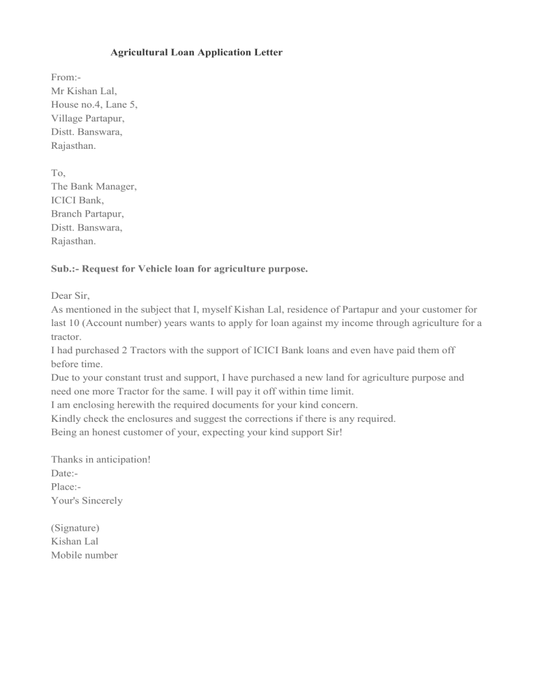 Bank Application Letter For Loan Application Letter For Loan
