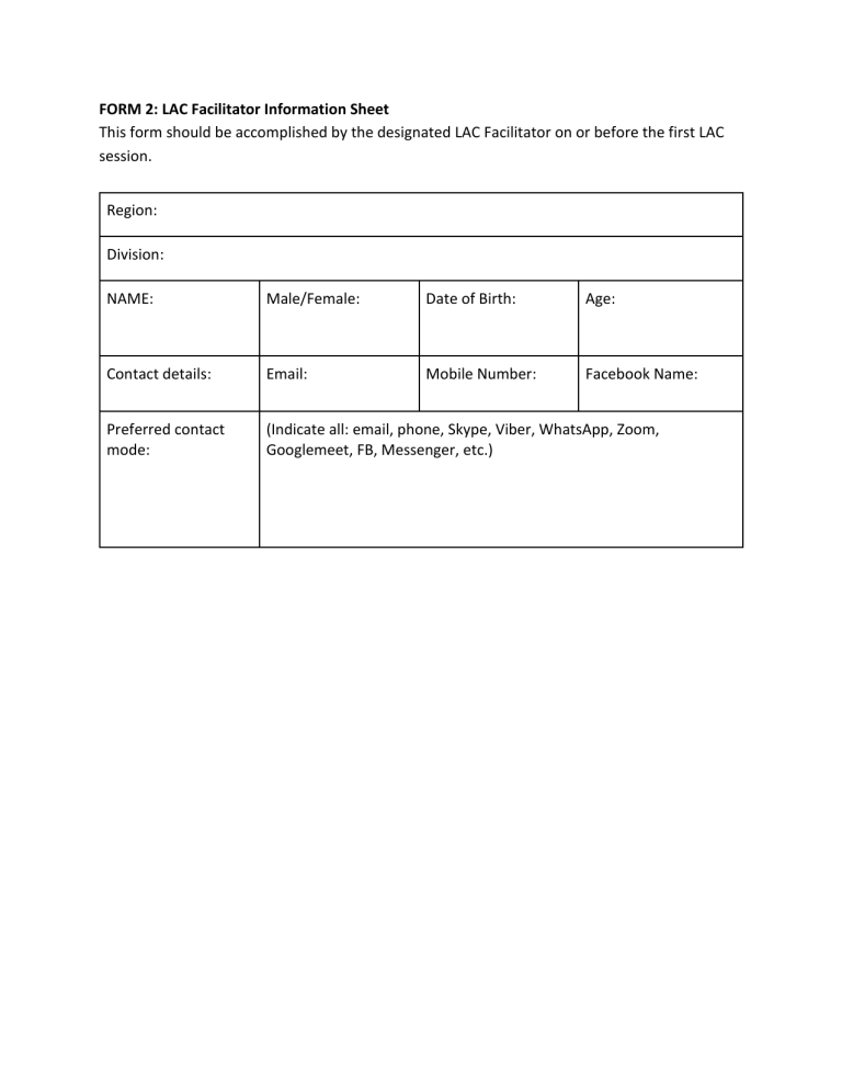 Form 2 LAC Facilitator Information Sheet