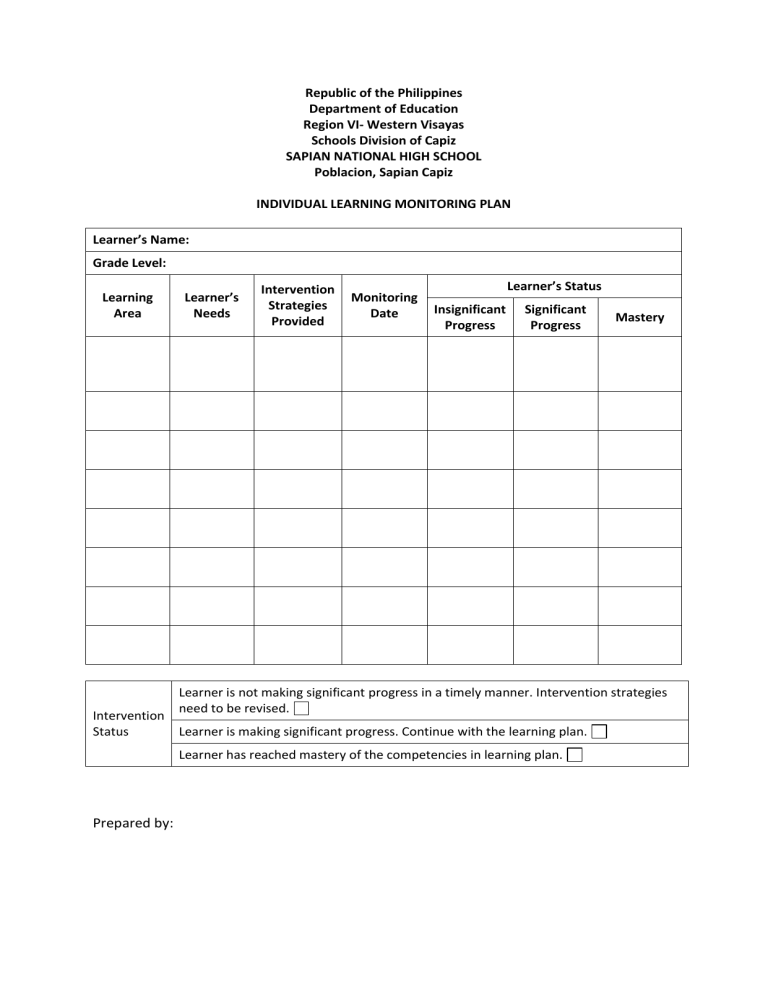 Individual Learning Monitoring Plan Template Individual Learning Monitoring Plan Template