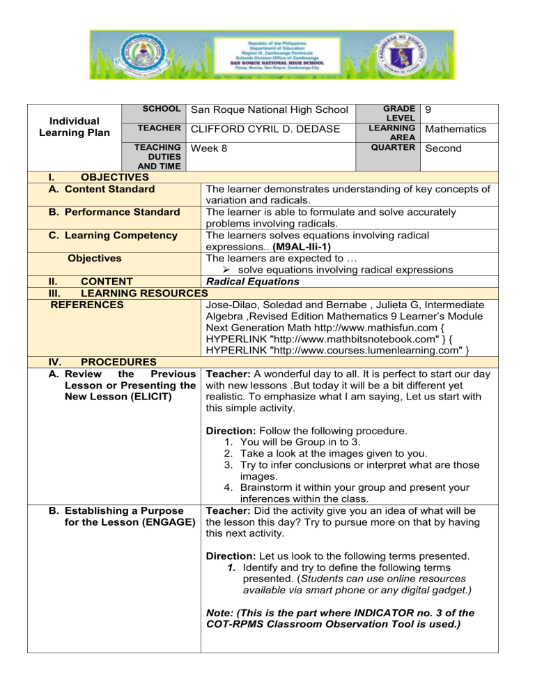 1ST CLASS OBSERVATION MATH 9 QUARTER 2 WEEK 8 S Y 2020 2021