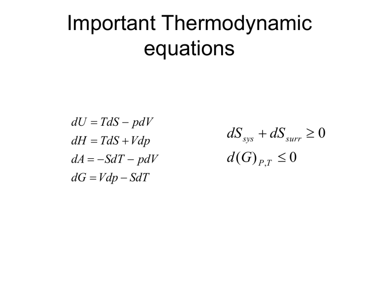 IMPORTANT THERMODYNAMIC EQUATION IMPORTANT THERMODYNAMIC EQUATION