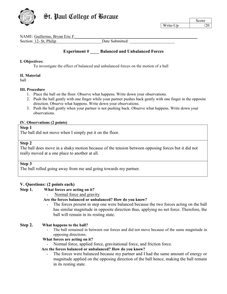 Balanced & Unbalanced Forces Lab Report