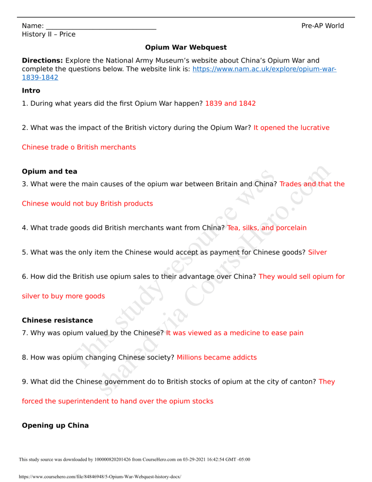 Opium War Webquest: History II - Price