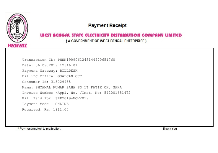 Electric Bill Payment Receipt Electric Bill Payment Receipt