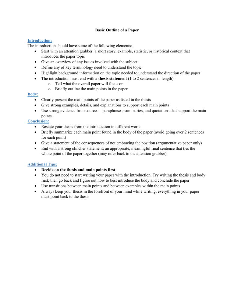 Paper Outline: Structure & Writing Tips