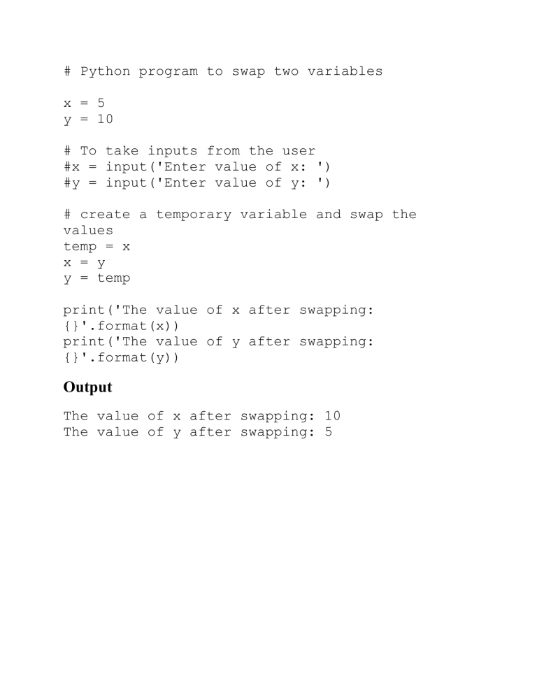 Python Program To Swap Two Variables
