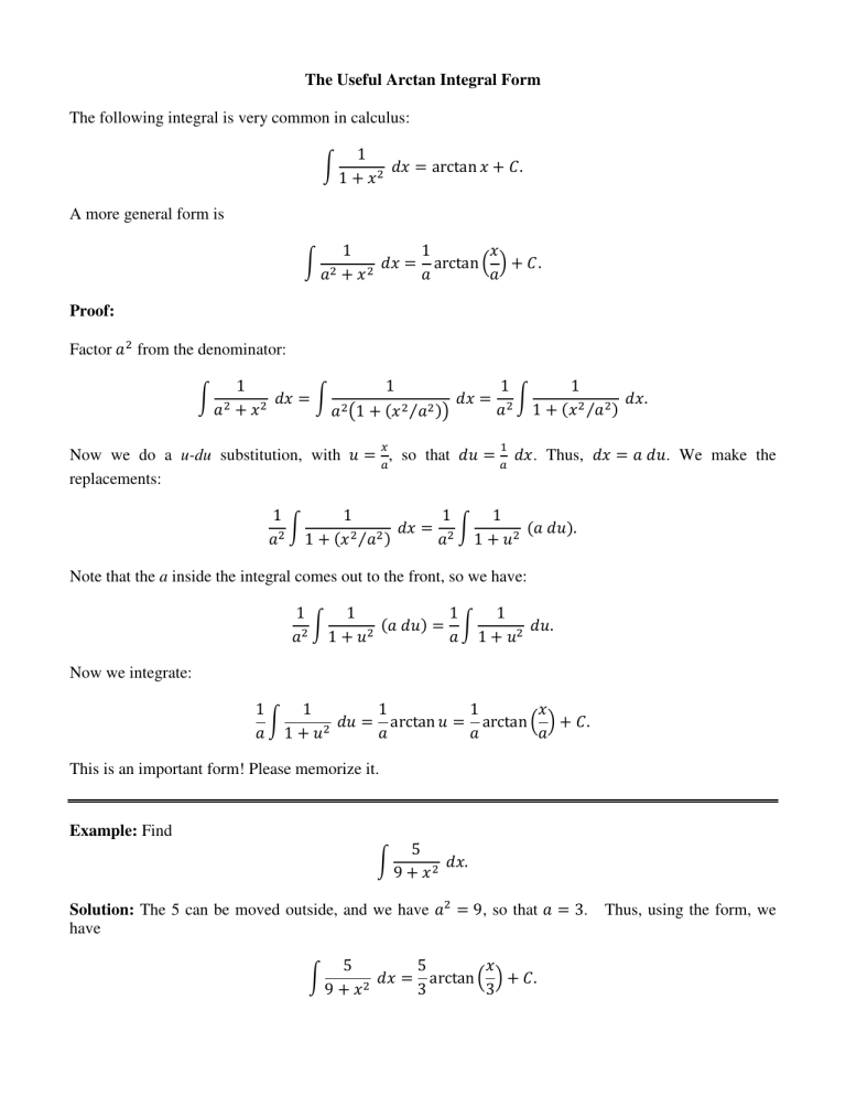 The Useful Arctan Integral Form The Useful Arctan Integral Form