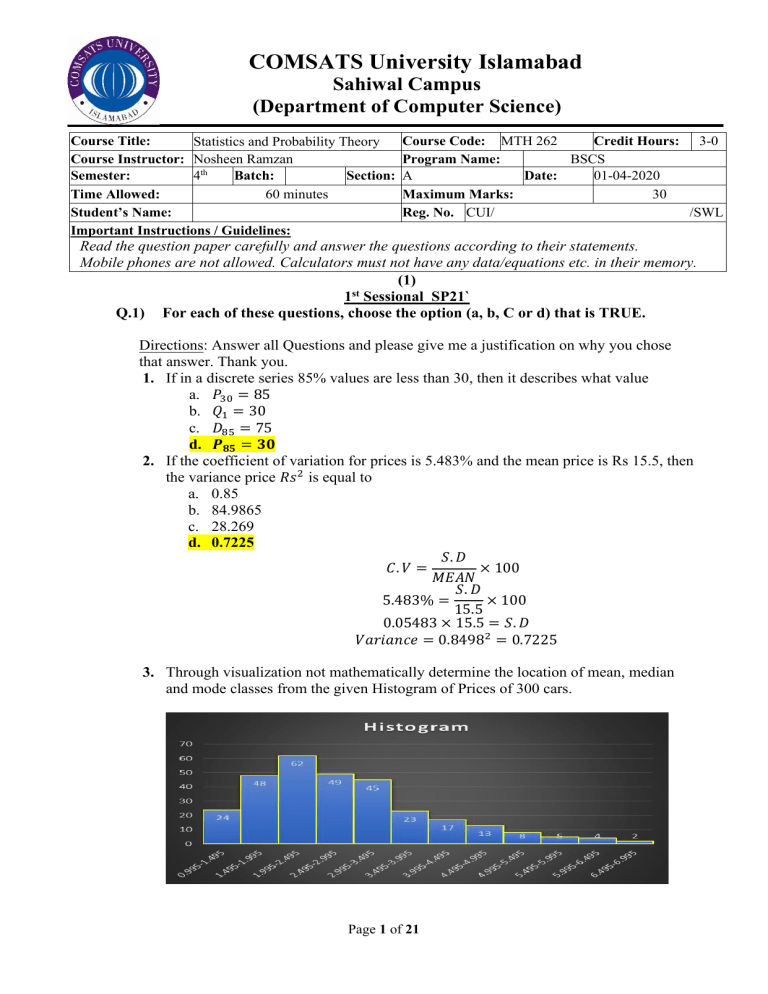 Statistics & Probability Exam